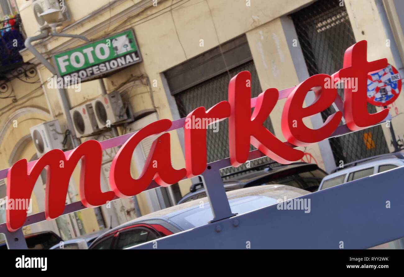 Bucharest, Romania - September 10, 2018: A market sign and one on which ...