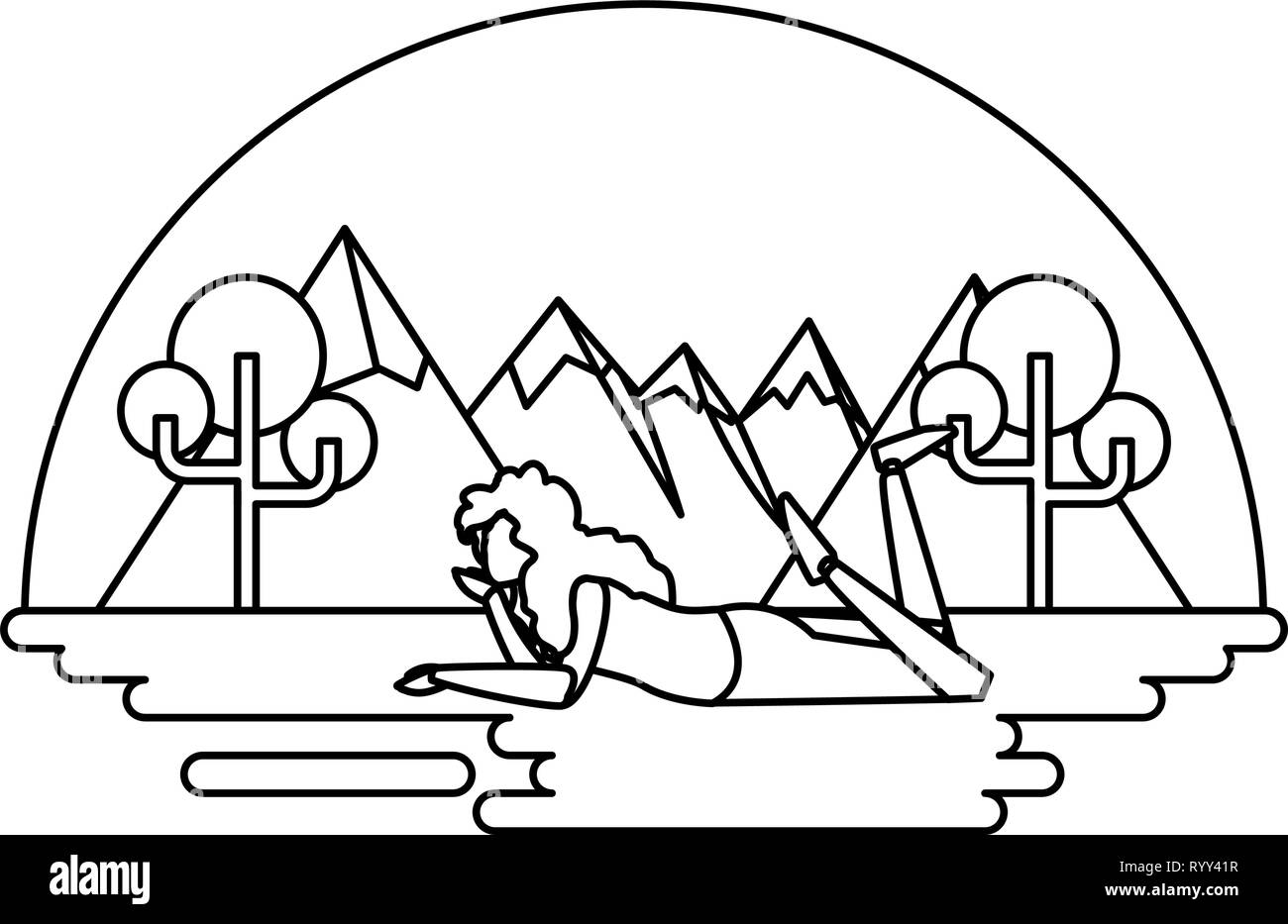 relaxed woman in the landscape vector illustration outline Stock Vector ...
