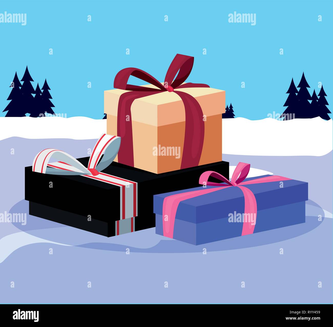 christmas gift boxes in the winter landscape vector illustration Stock ...