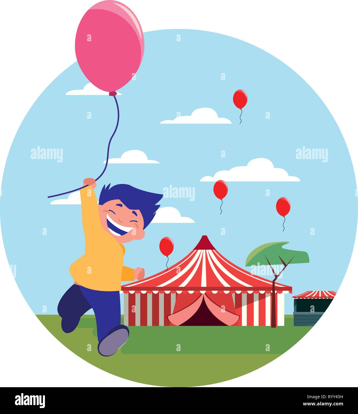 smiling boy holding balloon park amusement vector illustration Stock ...