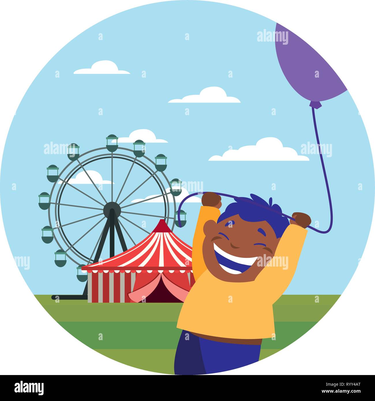 smiling boy holding balloon park amusement vector illustration Stock ...