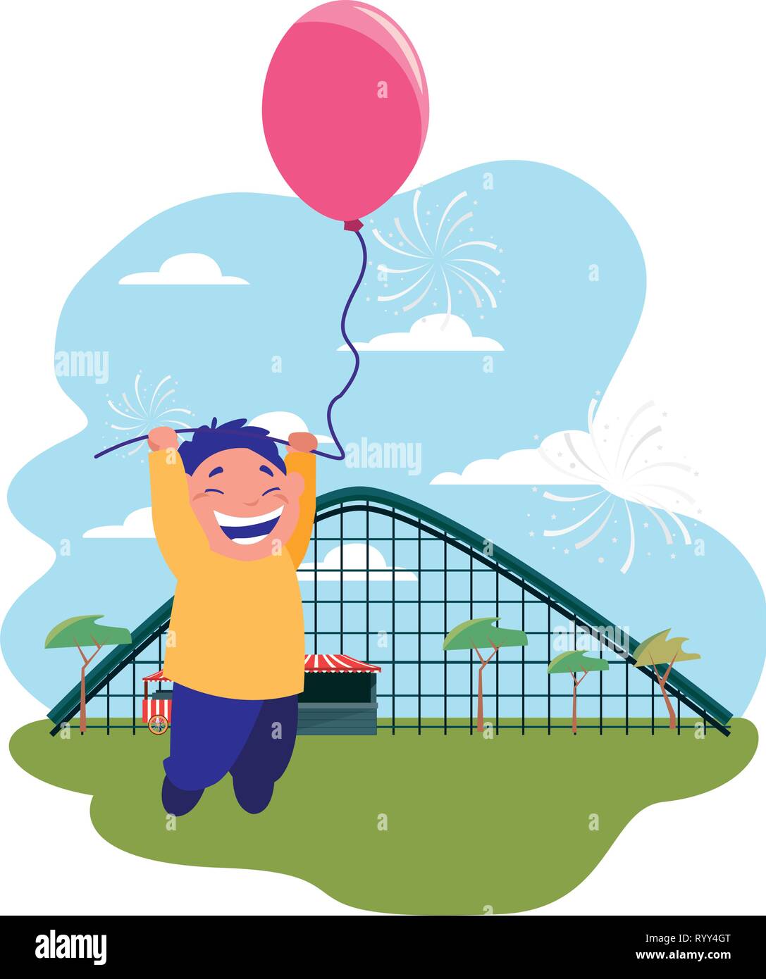smiling boy holding balloon park amusement vector illustration Stock ...