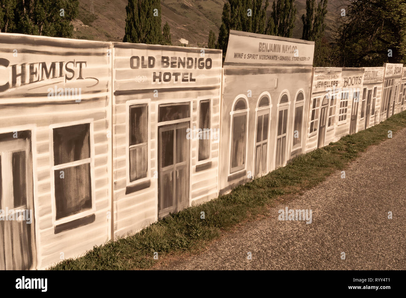 CLYDE NEW ZEALAND - OCTOBER 22 2019; Mock streetscpe buildings facade ...