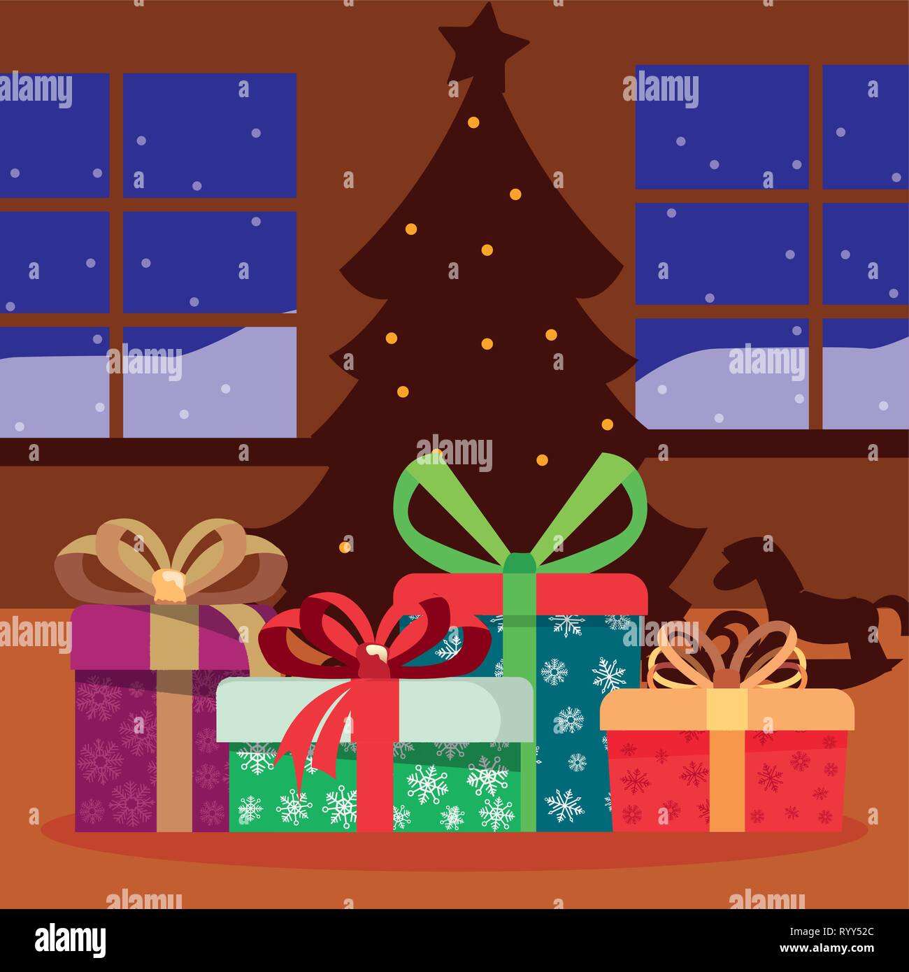 christmas tree and gift boxes in the house vector illustration Stock ...