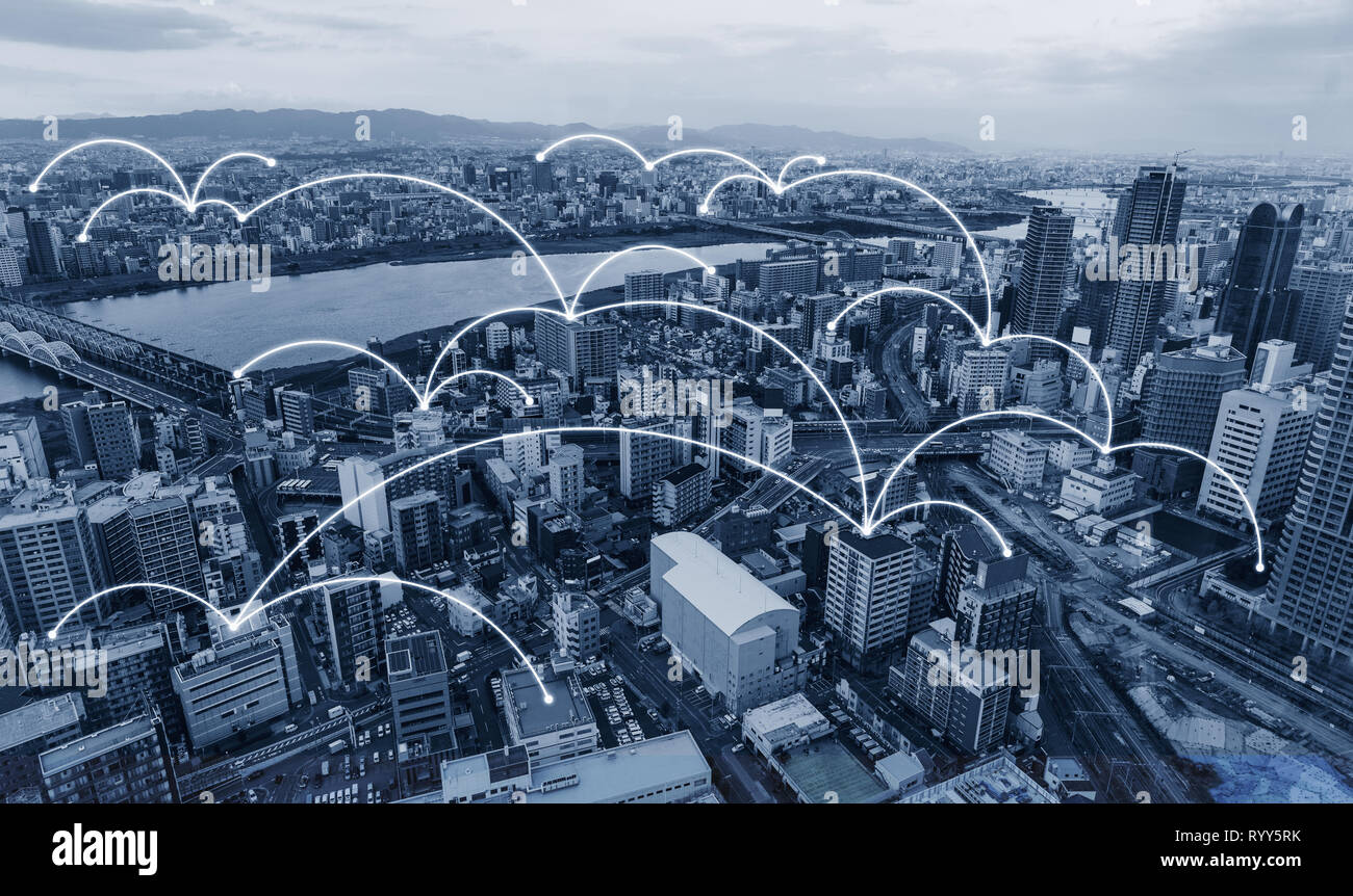 Network connection technology in the city, Osaka city in Japan Stock ...