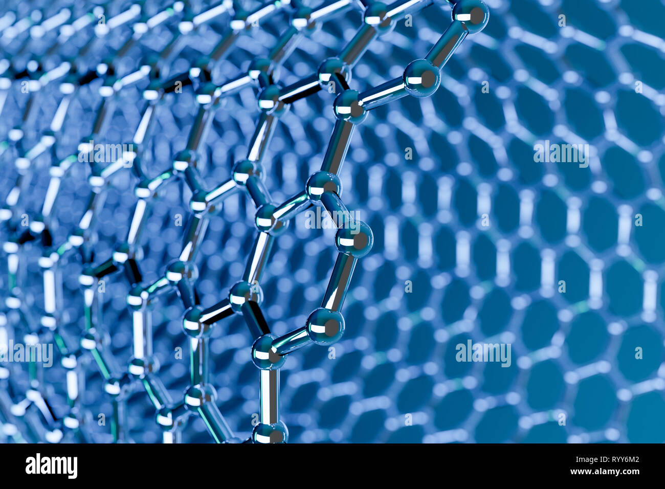 View of a graphene molecular nano technology structure on a blue ...