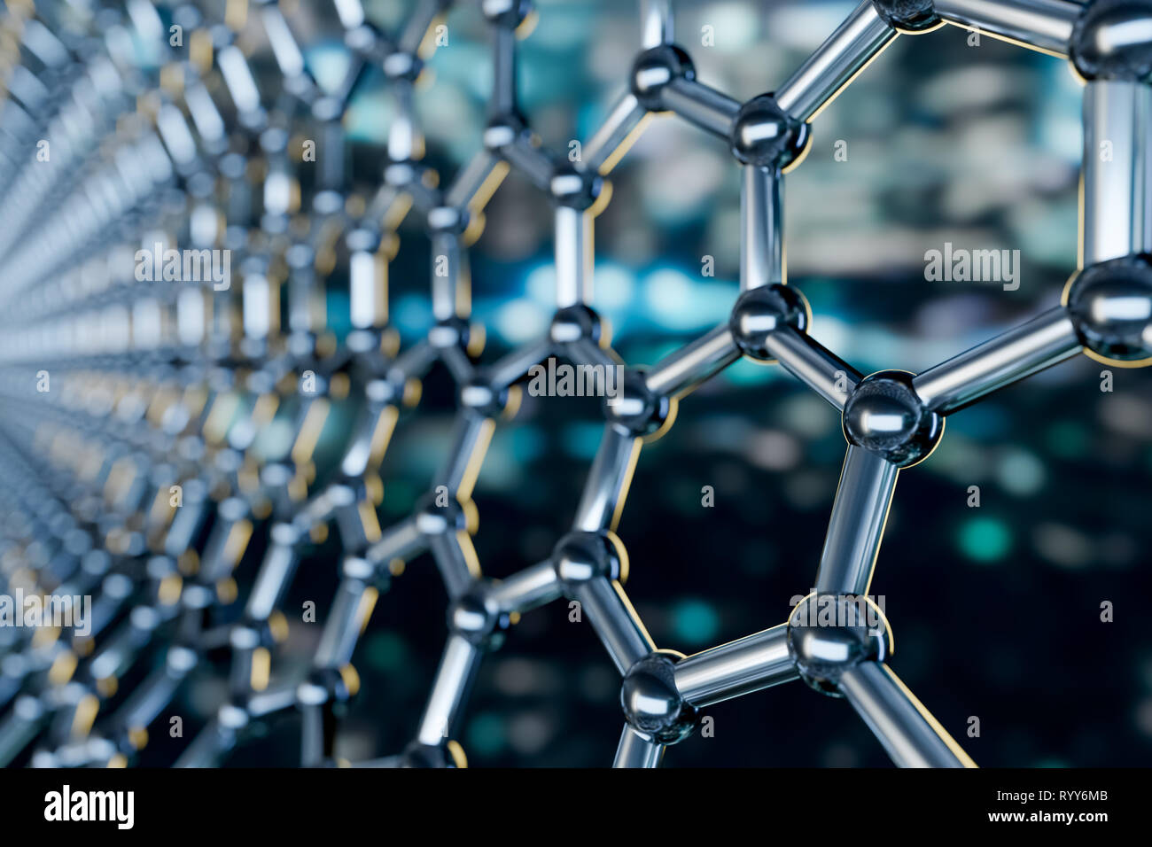 View of a graphene molecular nano technology structure on a blue ...