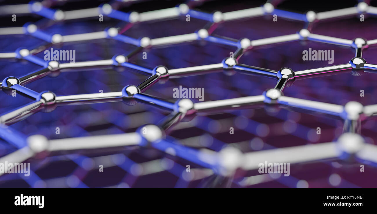 View of a graphene molecular nano technology structure on a purple-pink ...