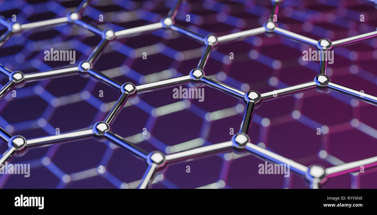 View of a graphene molecular nano technology structure on a purple-pink ...
