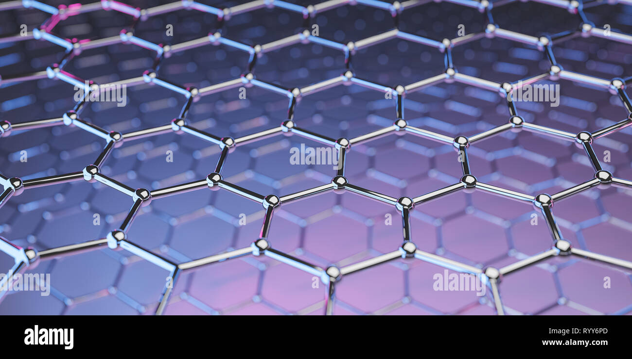 View of a graphene molecular nano technology structure on a purple-pink ...