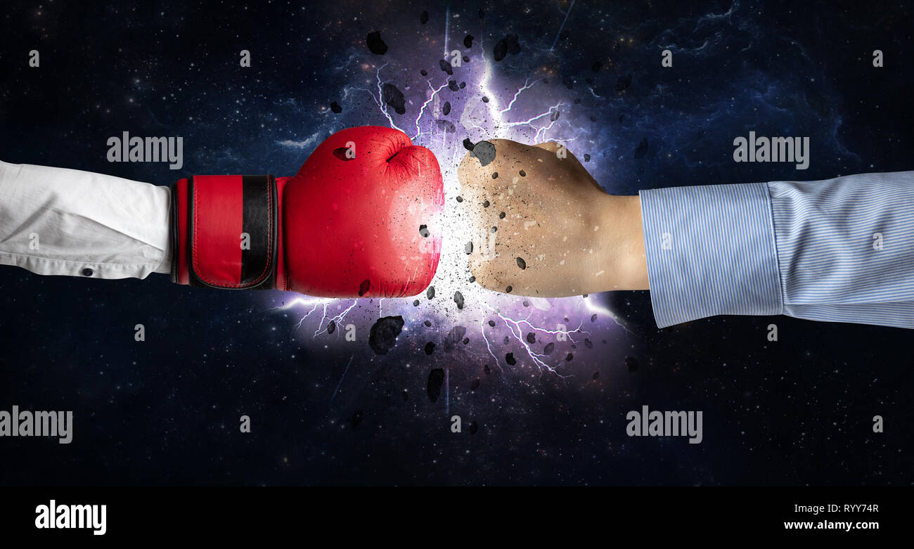 Two hands fighting with storm explosion concept Stock Photo - Alamy