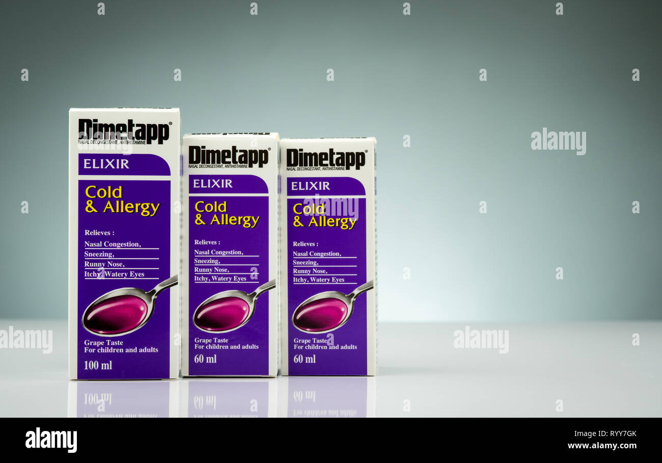 CHONBURI, THAILAND-OCTOBER 14, 2018 : Dimetapp Elixir in amber bottle ...