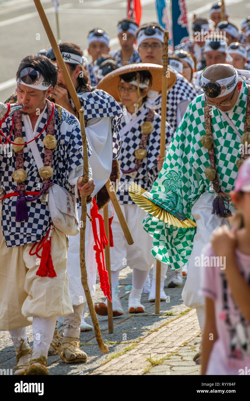 Hundreds of Yamabushi mountain pilgrims and priests arriving to the ...