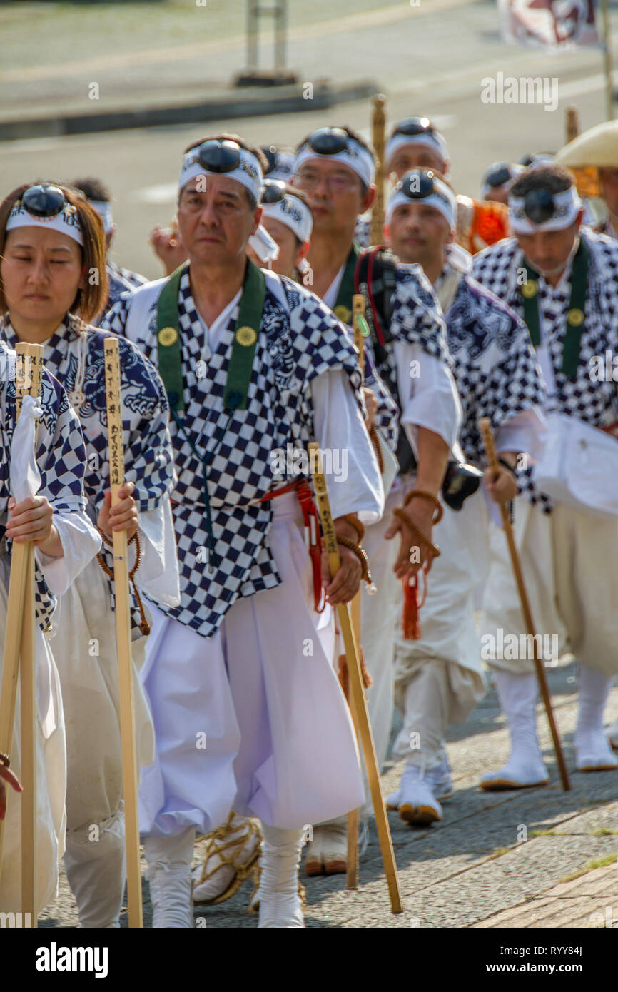 Hundreds of Yamabushi mountain pilgrims and priests arriving to the ...