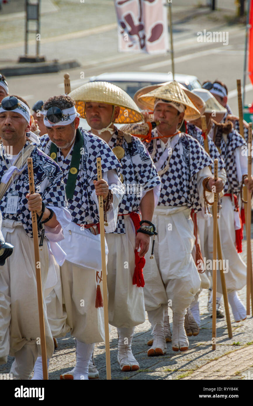Hundreds of Yamabushi mountain pilgrims and priests arriving to the ...