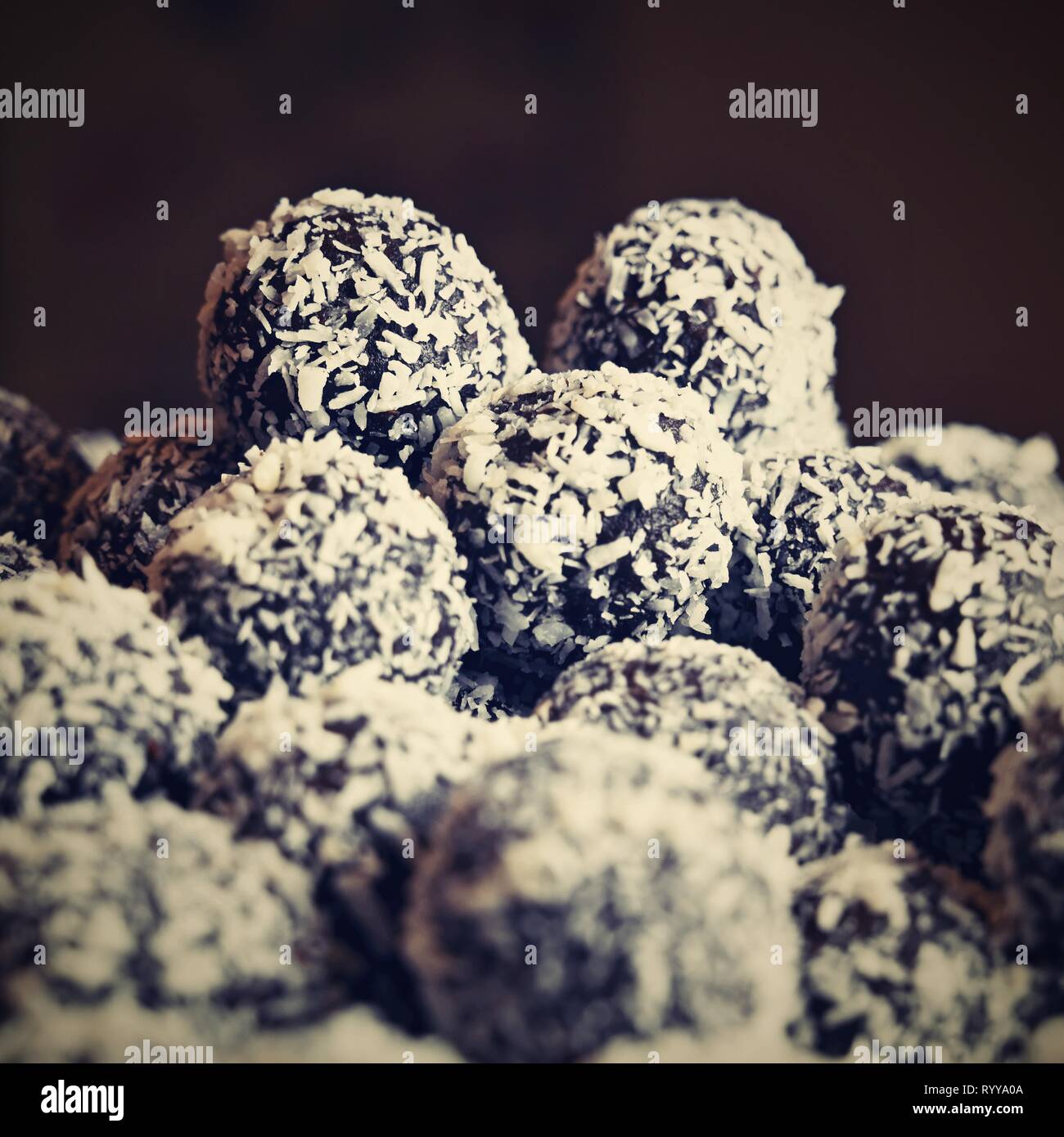Rum balls. Traditional Czech Christmas cookies. Cocoa coated in coconut ...