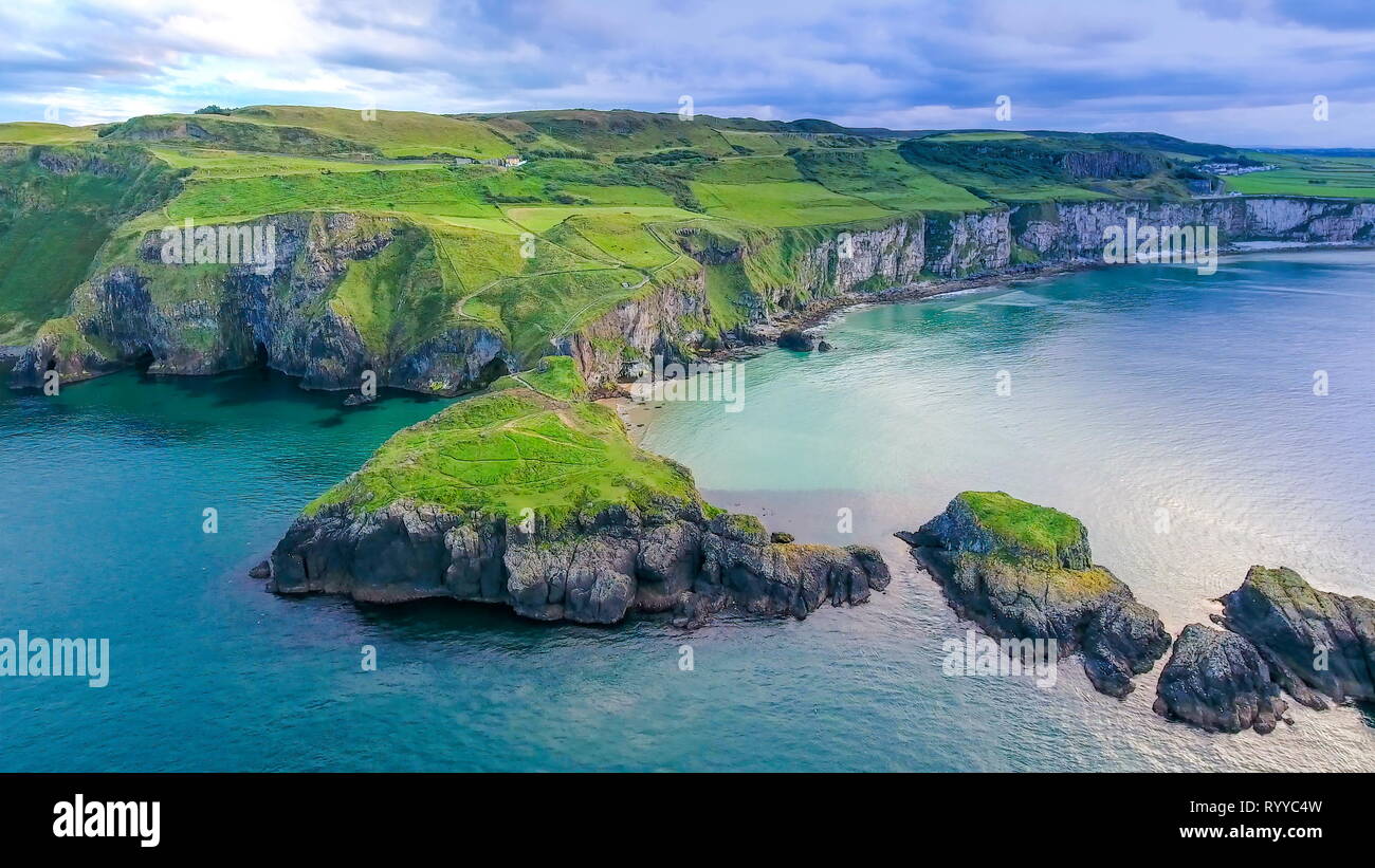 The aerial view of the two islands in Carrick-a-Rede with the rope ...