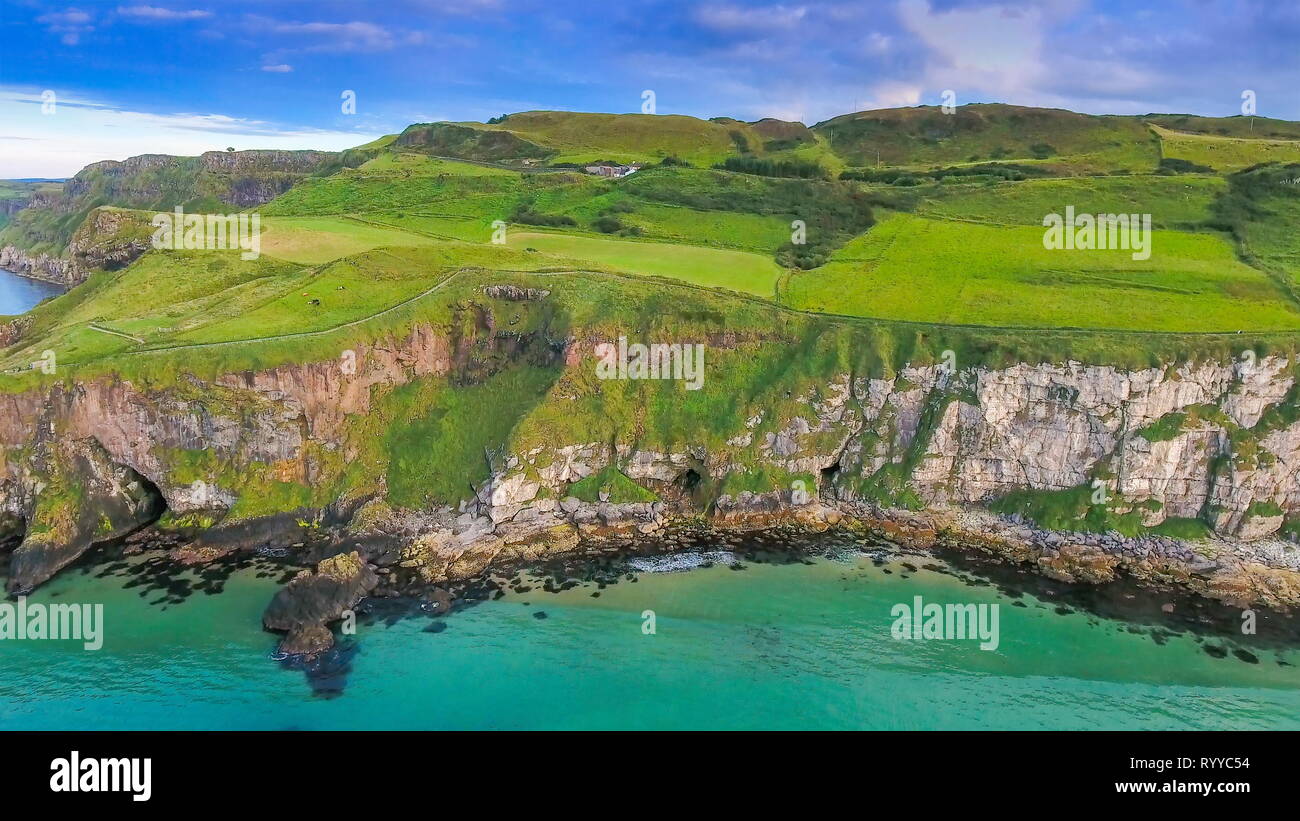 Aerial landscape view of the big island in Carrick-a-Rede in North ...