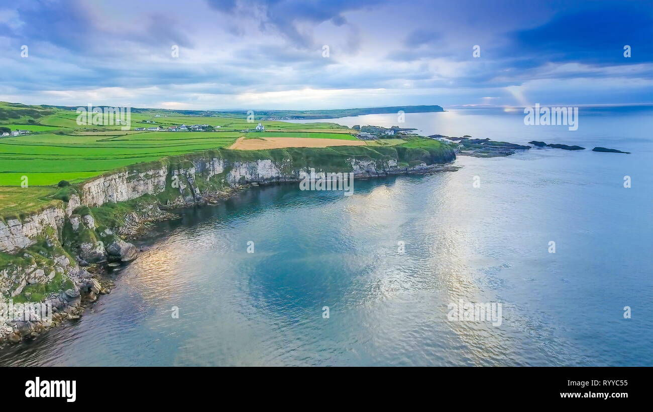 Aerial landscape view of the sea and the cliff in Carrick-a-Rede Rope ...