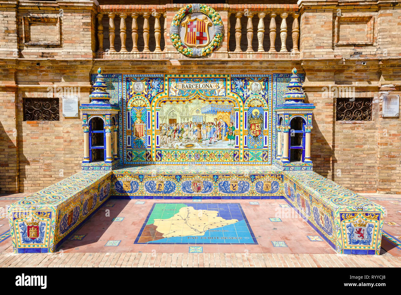 Ceramic bench with historic depiction of Barcelona Stock Photo - Alamy