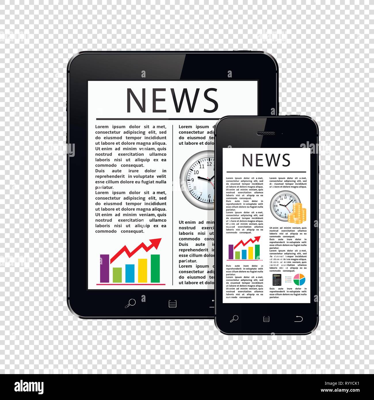 News articles on tablet pc and mobile phone isolated on transparent ...