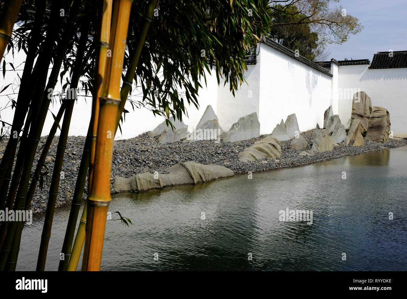 Rockery by the reflecting pool with bamboo forest in foreground in the ...