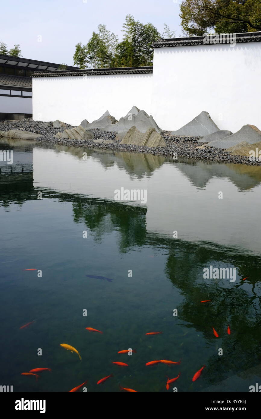 Rockery by the reflecting pool in the garden of Suzhou Museum designed ...