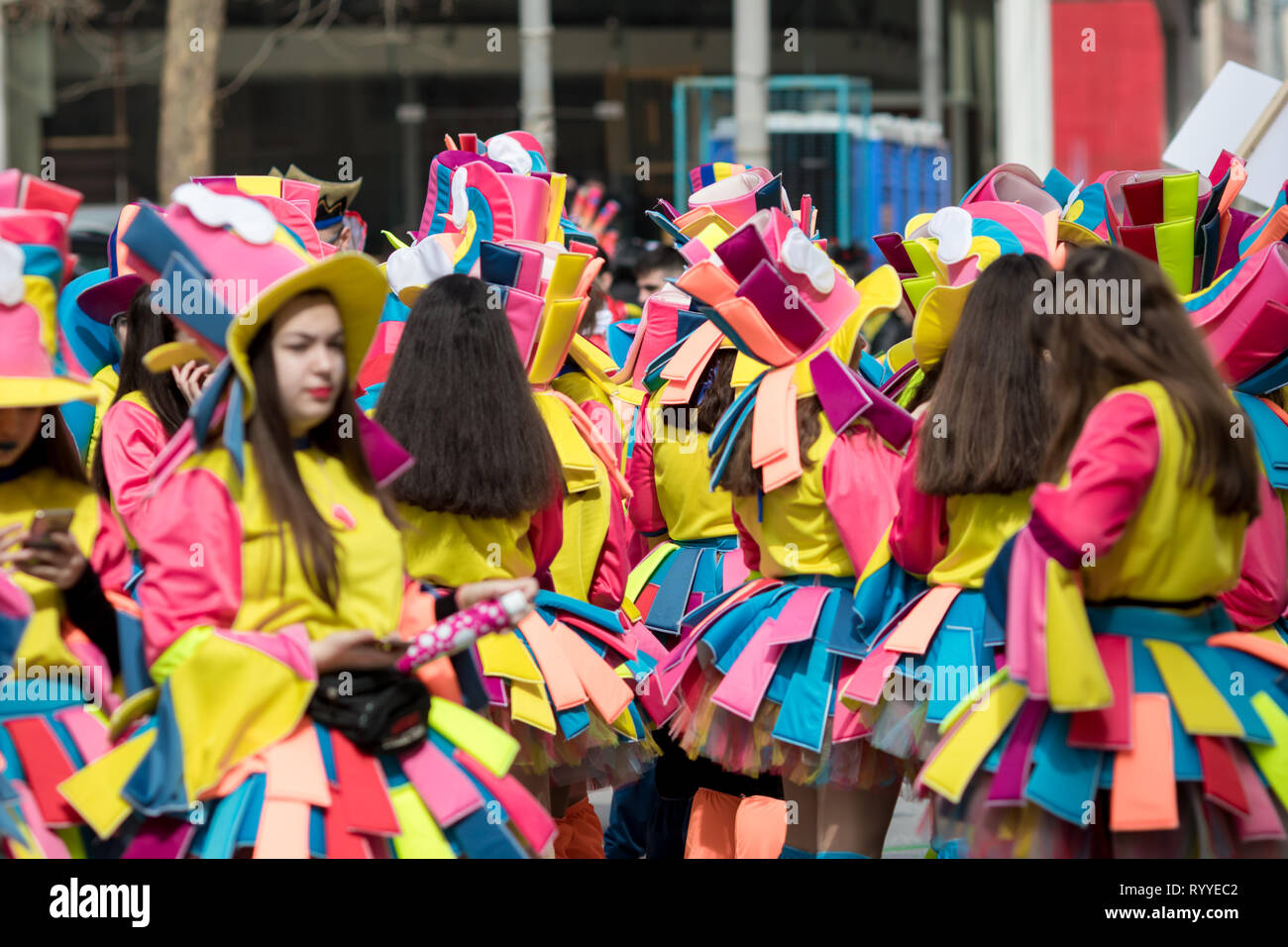 XANTHI, GREECE - MARCH 10, 2019: Masquerade participants march and have ...