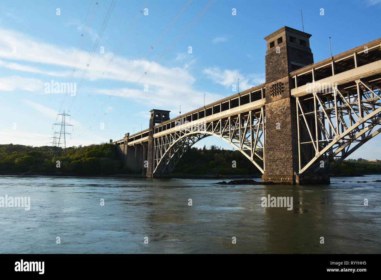 Looking across the Menai Strait to the Britannia bridge and Anglesey in ...