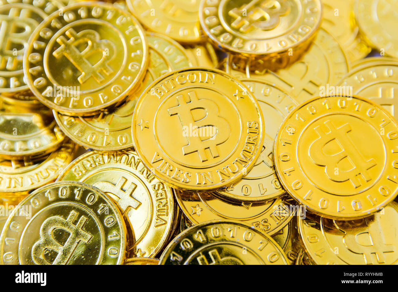 Golden bitcoin coins background, Digital currency, Crypto currency ...
