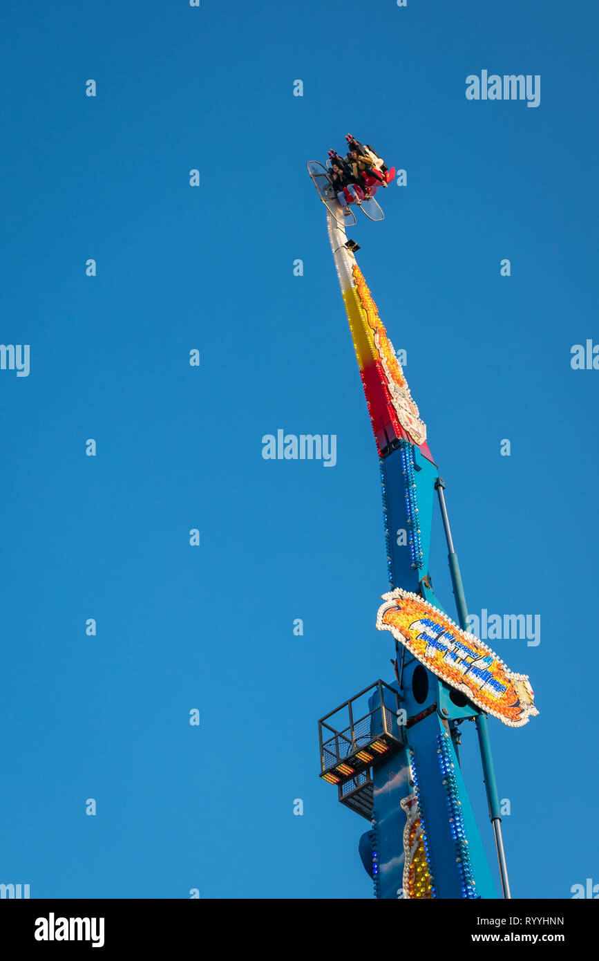 London, England - November 2018 : Riders on the scary ride high in the ...