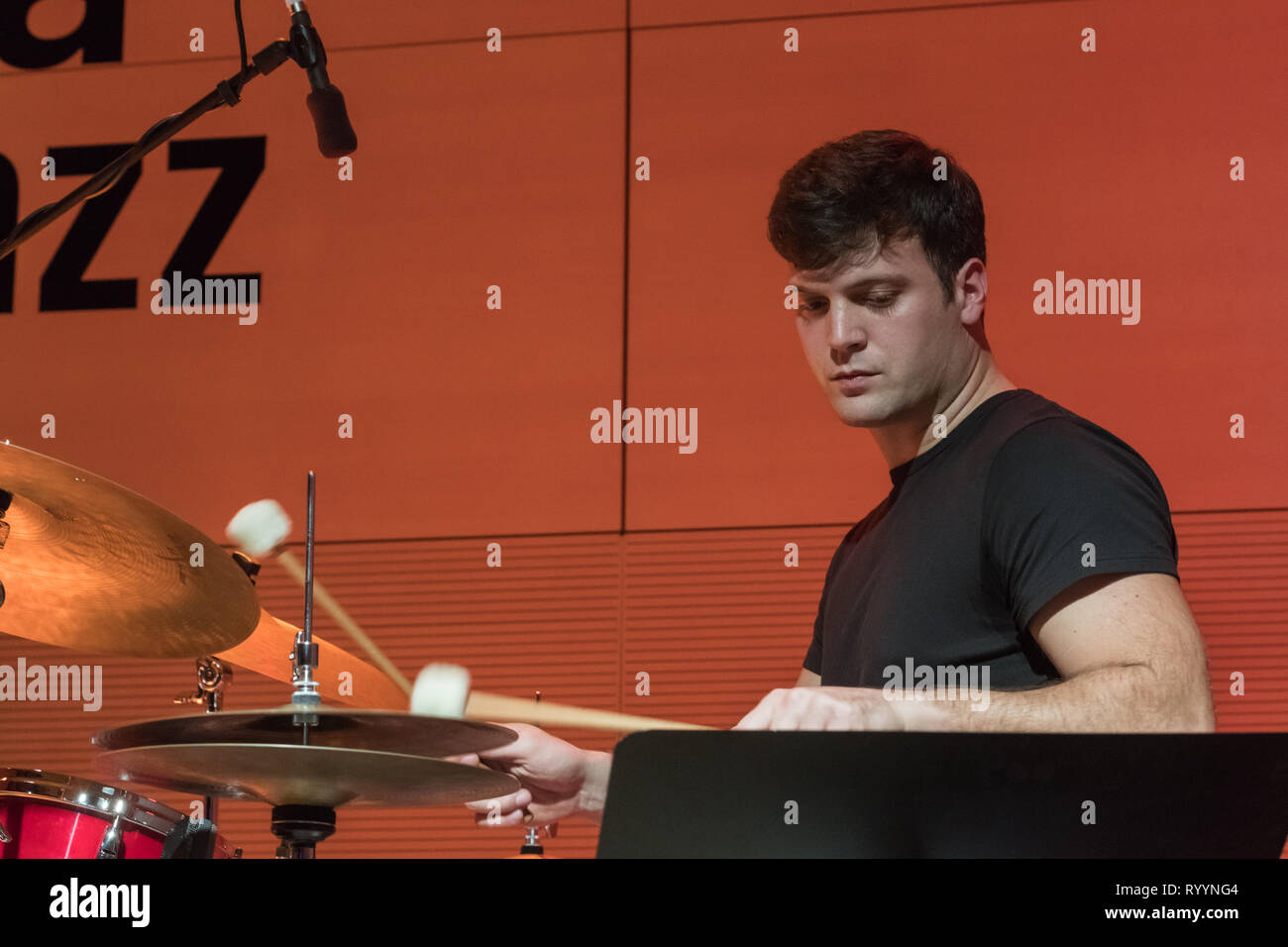 Rome, Italy. 14th Mar, 2019. The young jazz double bass player Jacopo Ferrazza presented his ...