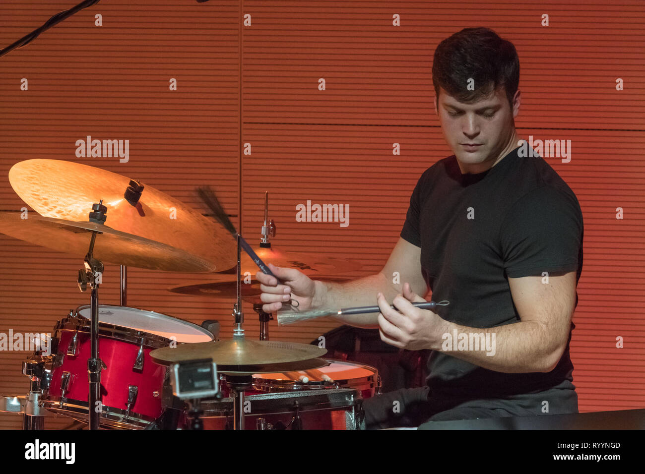 Rome, Italy. 14th Mar, 2019. The young jazz double bass player Jacopo Ferrazza presented his ...