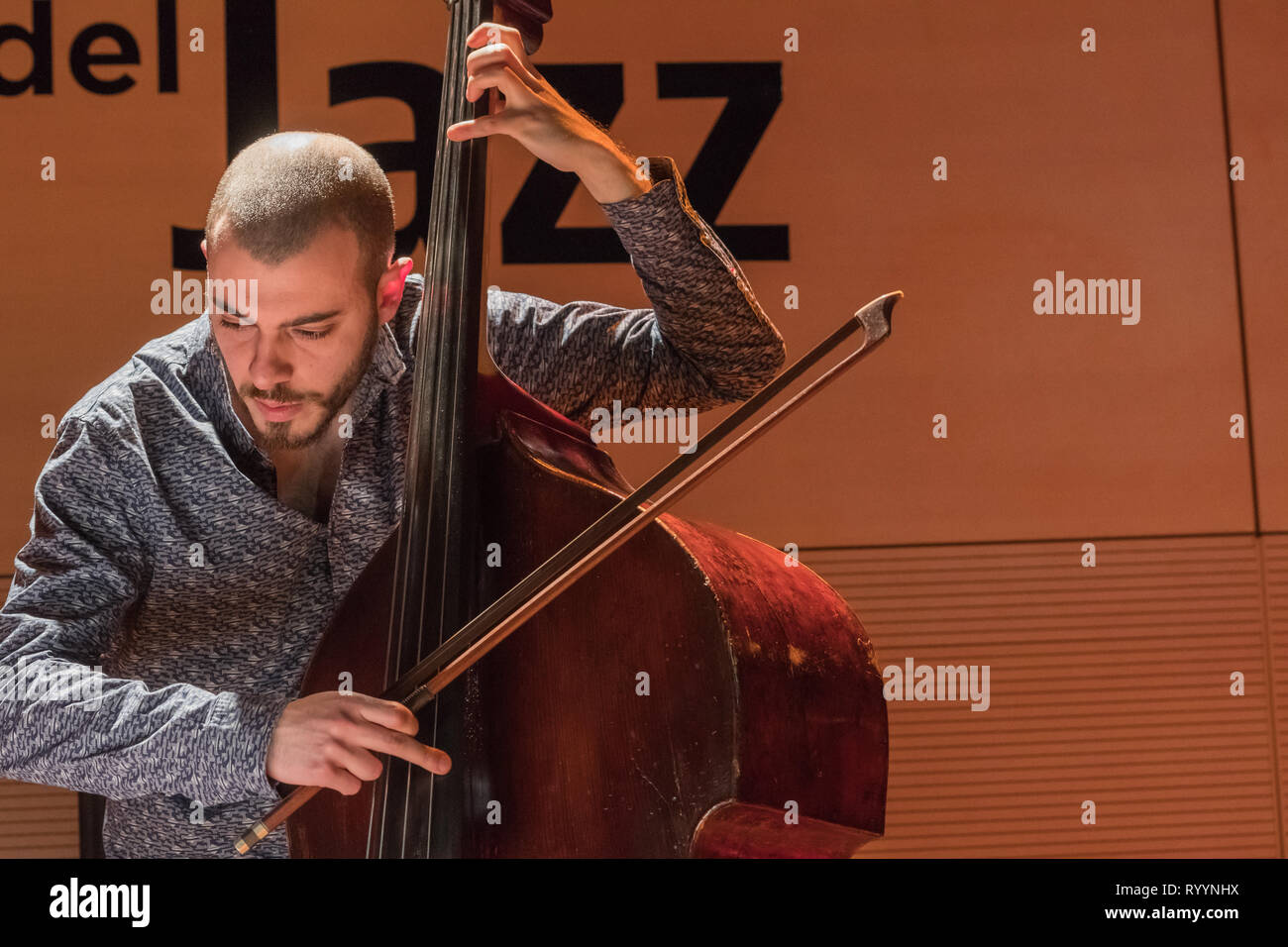 Rome, Italy. 14th Mar, 2019. The young jazz double bass player Jacopo ...