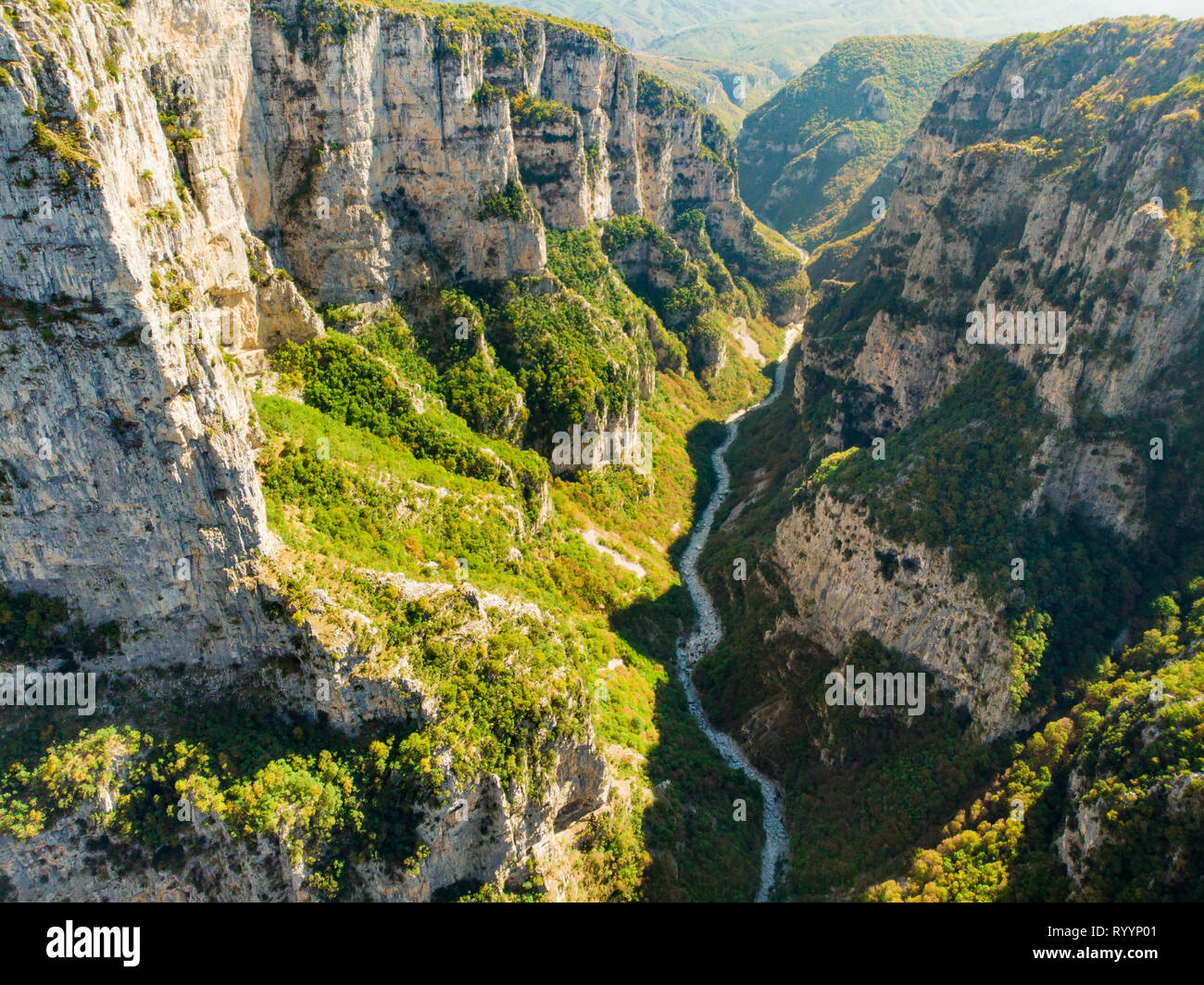 Aerial view of Vikos Gorge, a gorge in the Pindus Mountains of northern ...