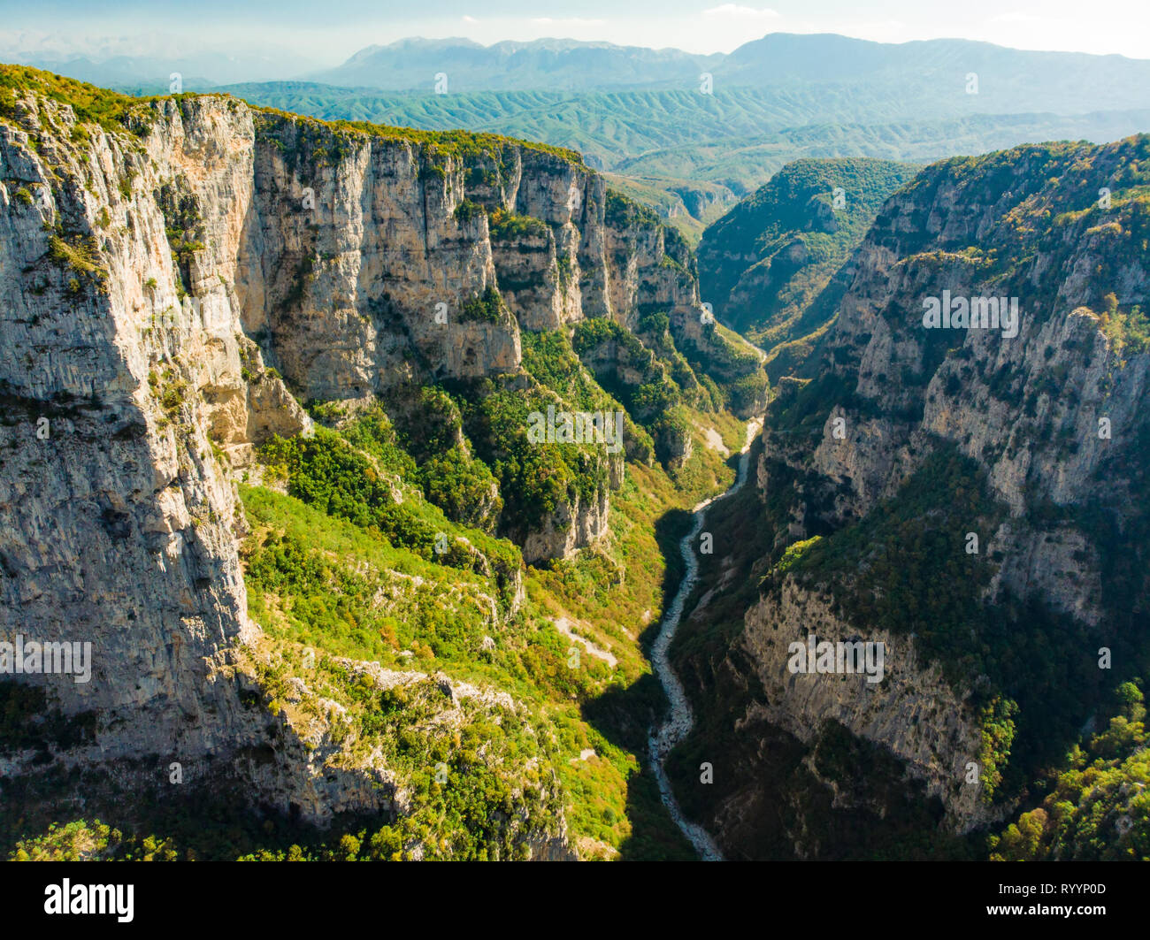 Aerial view of Vikos Gorge, a gorge in the Pindus Mountains of northern ...