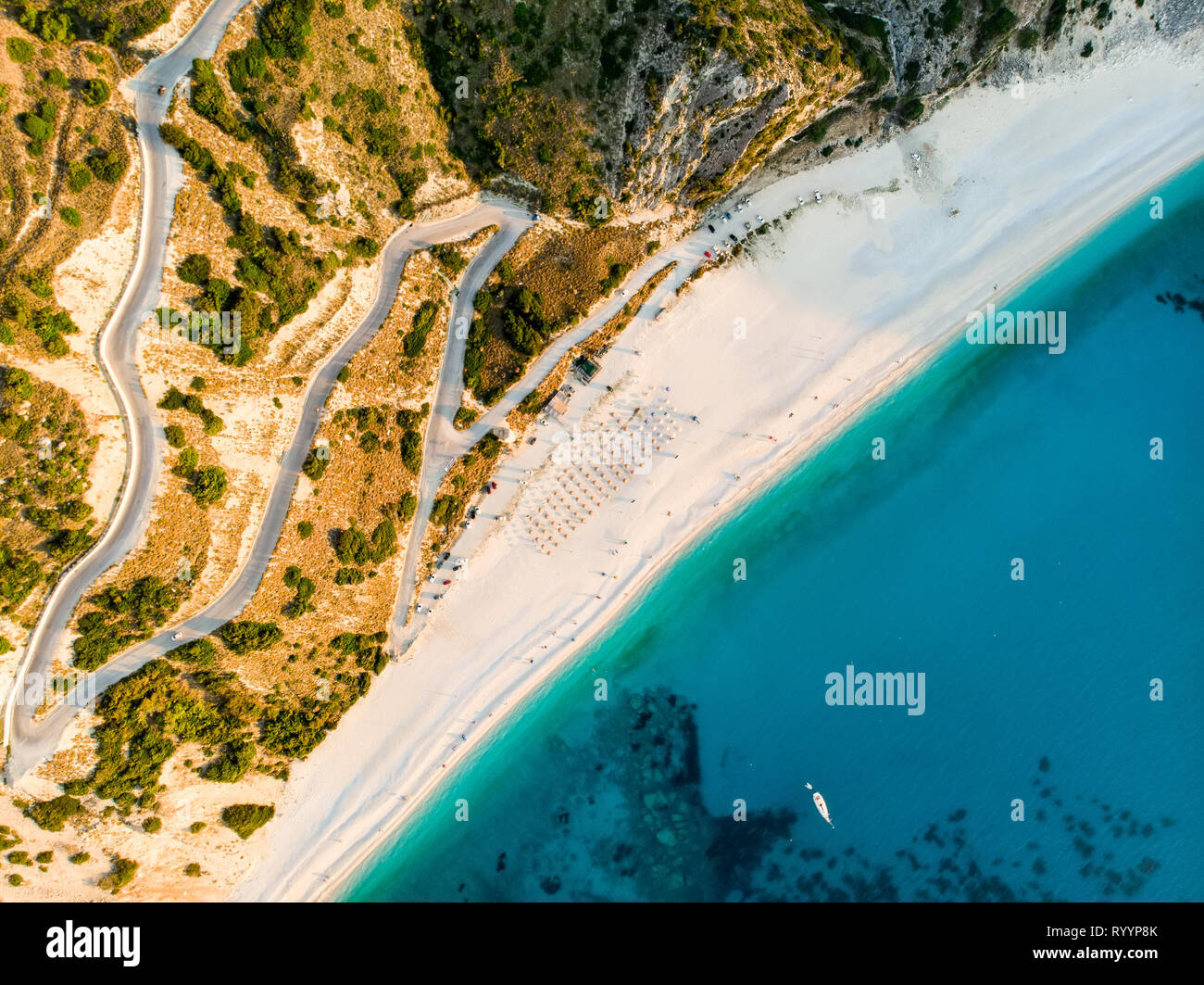 Aerial view of Myrtos beach, the most famous and beautiful beach of ...