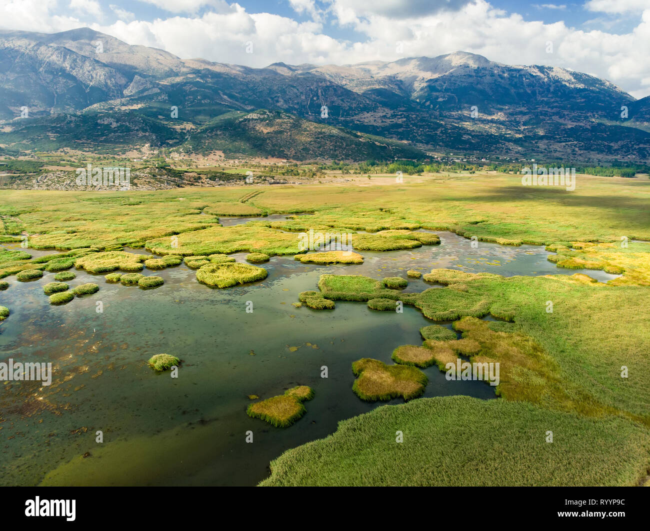 Aerial view of Stymphalia lake, located in the north-eastern part of ...