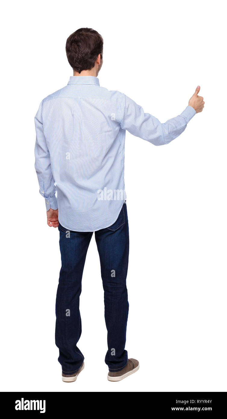Back view of a man showing thumb up. Rear view people collection ...