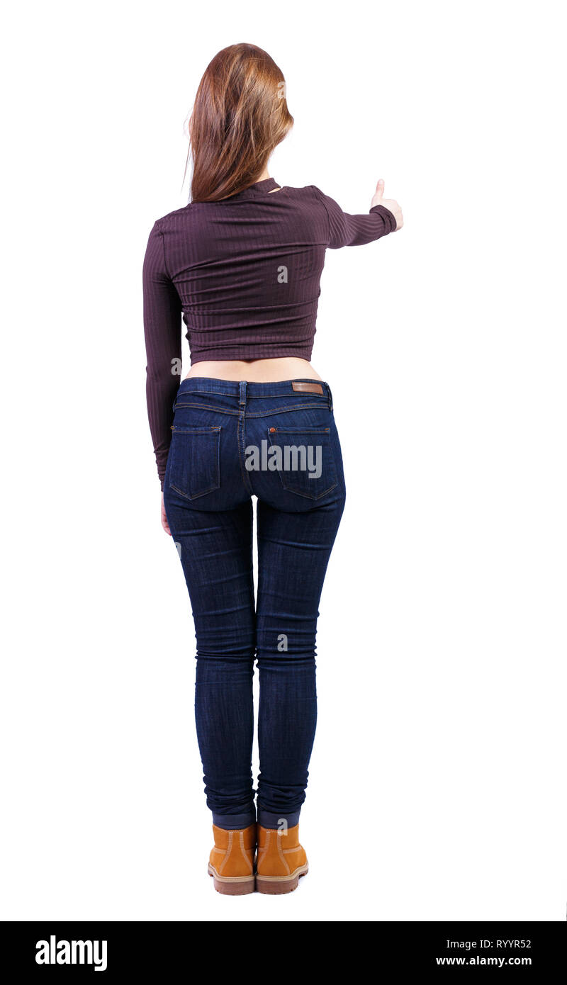 Back view of a woman showing thumb up. Rear view people collection ...