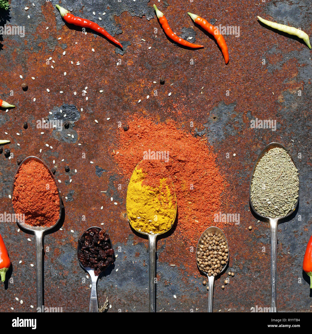 an assortment of different spices for cooking in silver spoon . Red ...
