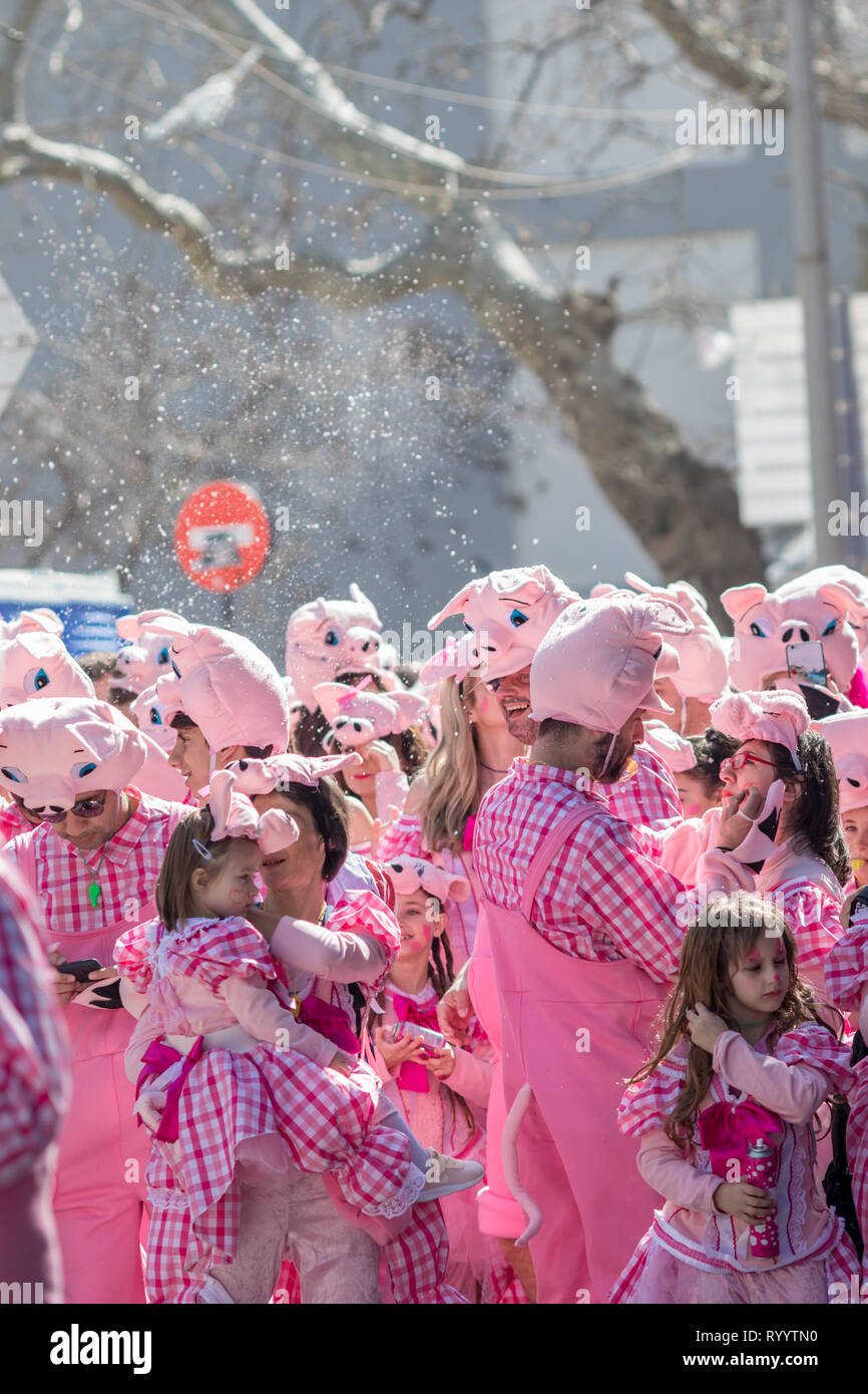 XANTHI, GREECE - MARCH 10, 2019: Masquerade participants march and have ...