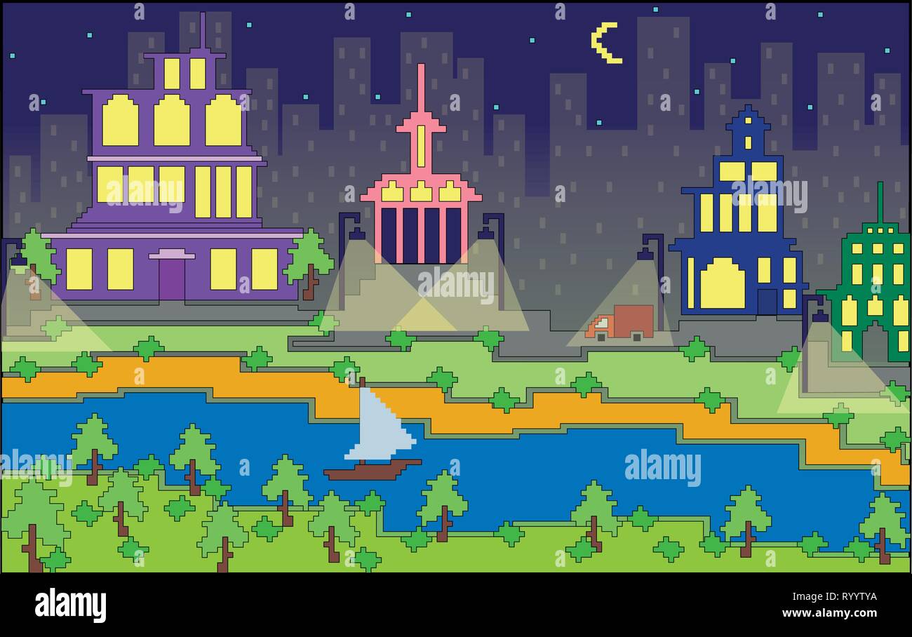 night pixel city with a sailboat on the river Stock Vector Image & Art ...