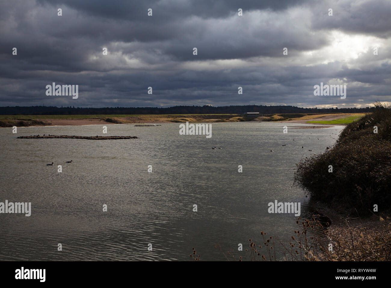 Looking across Pit 4 lagoon towards Roost Hide from Rotary Hide, with ...