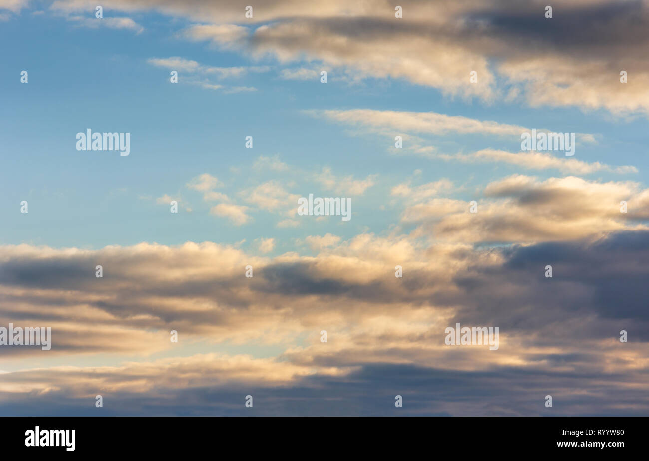 Summer sunset sky panorama with fleece clouds. Summer evening good ...