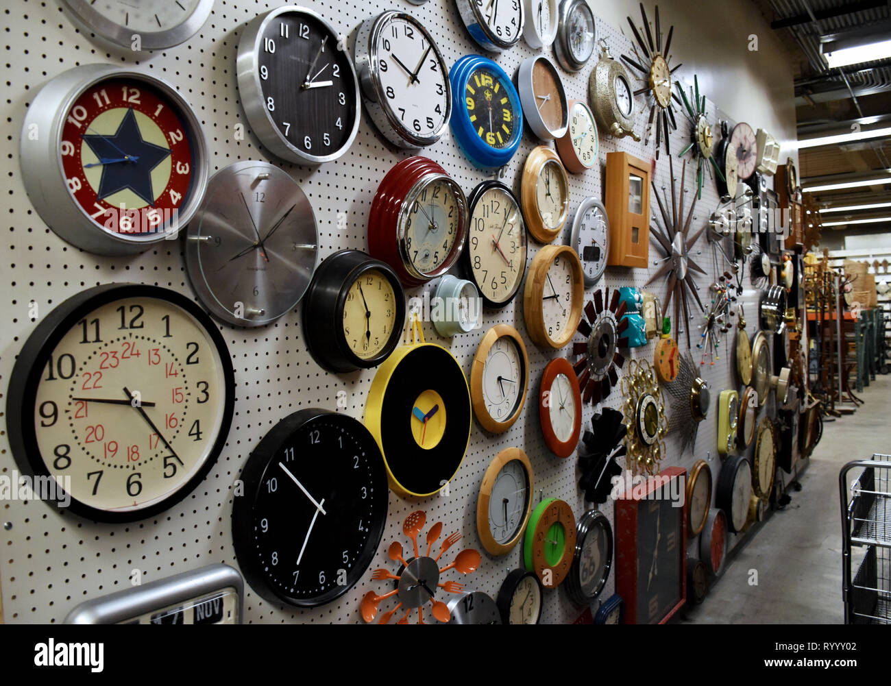 Los Angeles, USA. 13th Mar, 2019. Clocks are seen in the Property ...