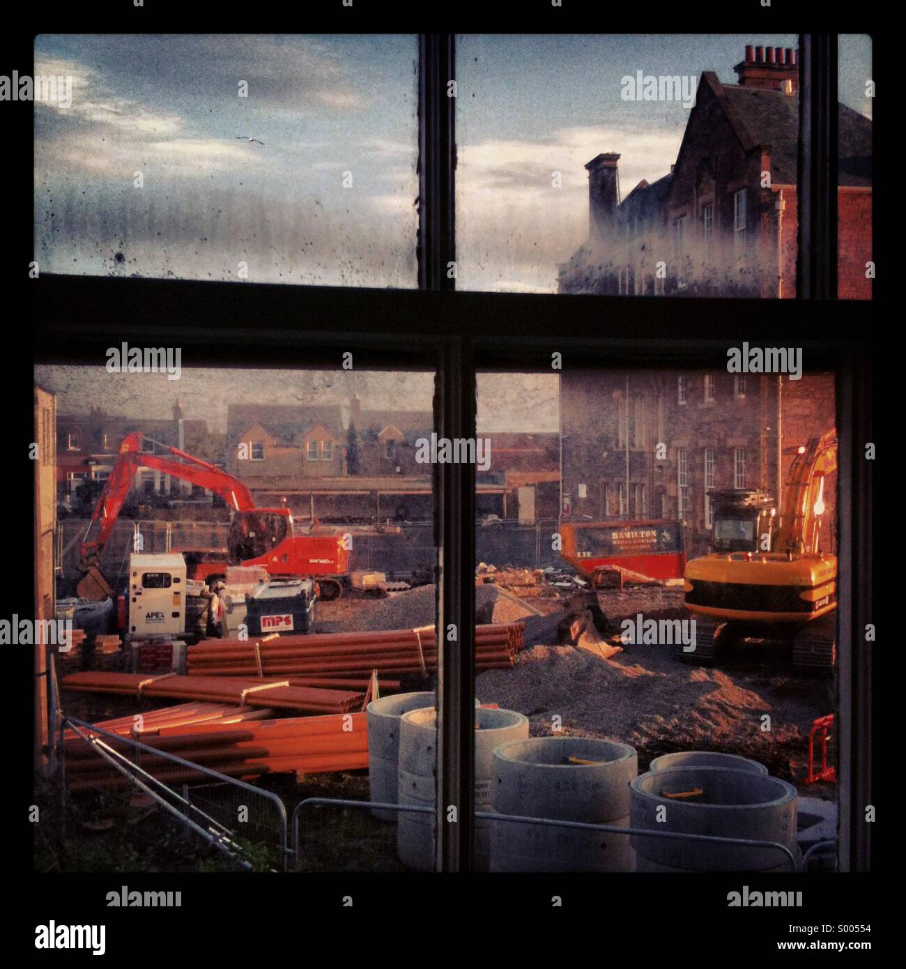 School extension building site outside home window Stock Photo - Alamy