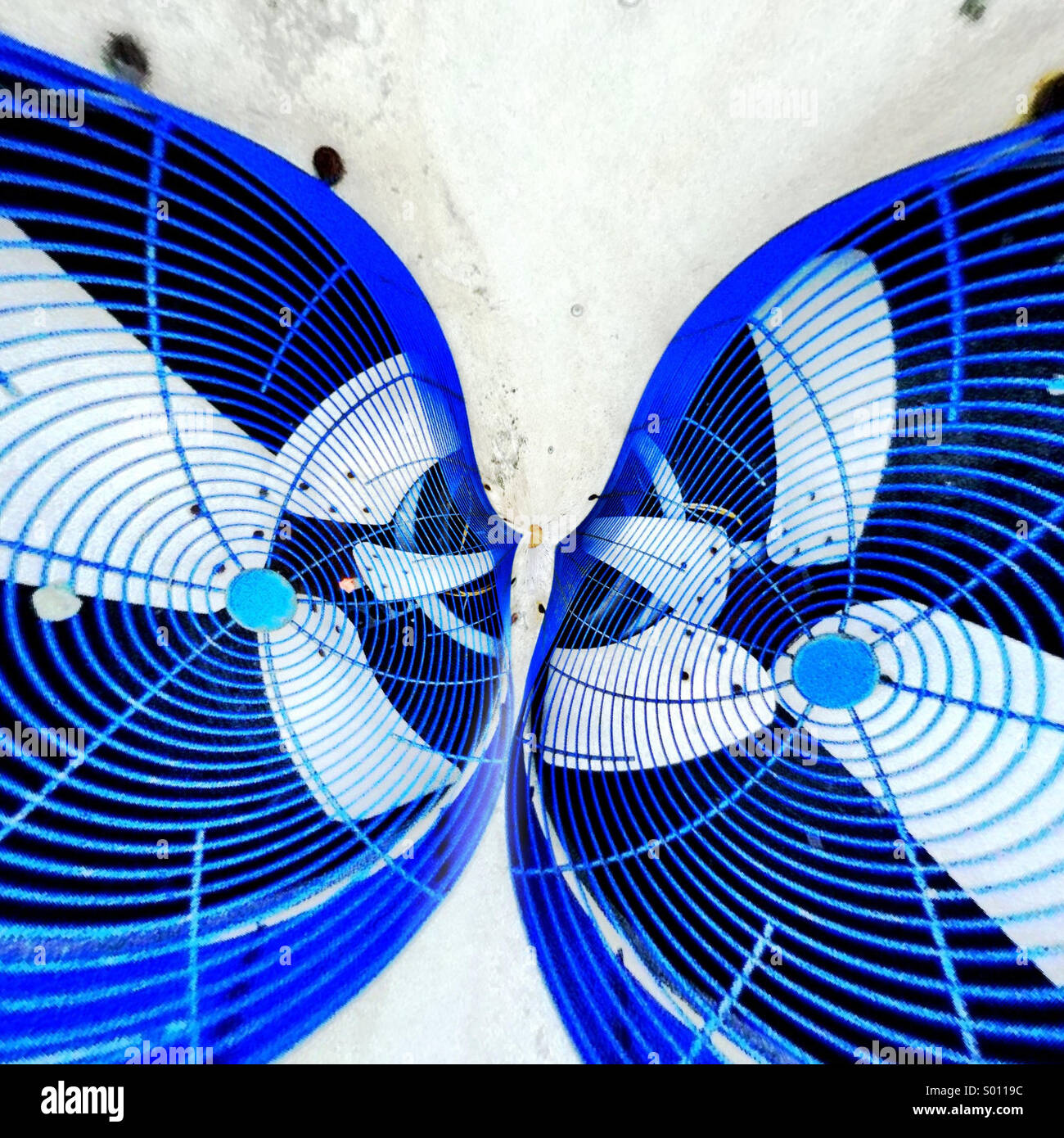 Abstract distortion of two large outdoor fans that look like kissing ...