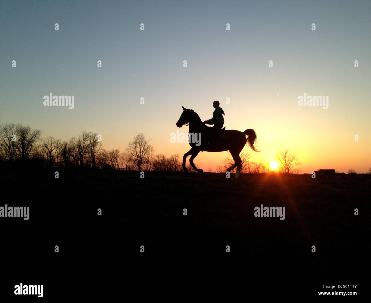 Girl riding horse in sunset Stock Photo - Alamy