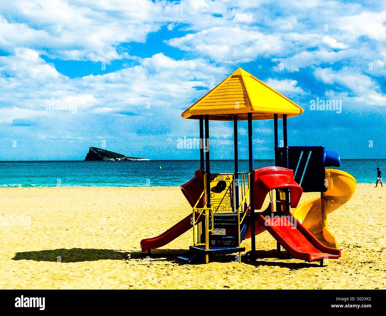 Children's playing area on a Spanish beach with Island in background ...